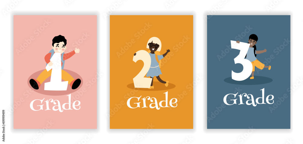 Back to school. Little children ready to go to school, 1,2,3 grade. Set ...