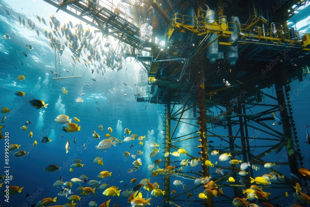 Sea creatures around an offshore energy platform, highlighting ...