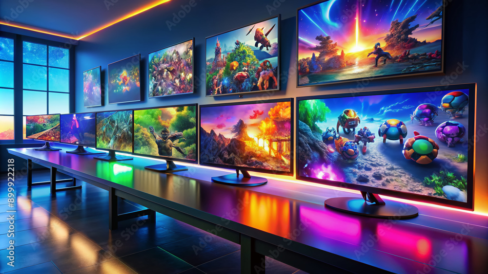 Vibrant colorful screens displaying various video game interfaces ...