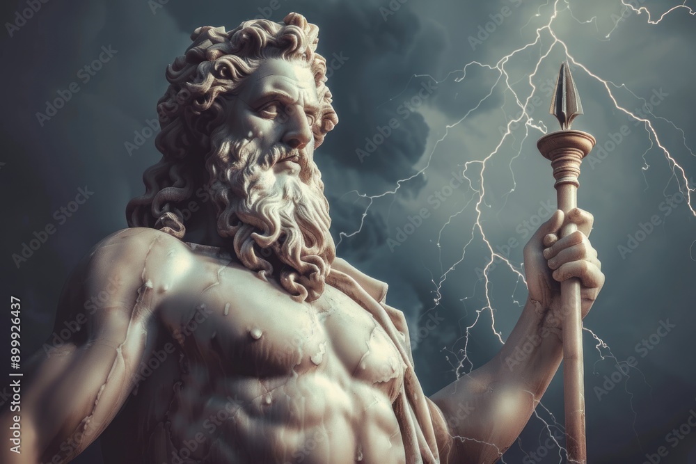 ZEUS statue, god of sky and thunder. Zeus the king of the Greek gods ready to hurl lightning ...