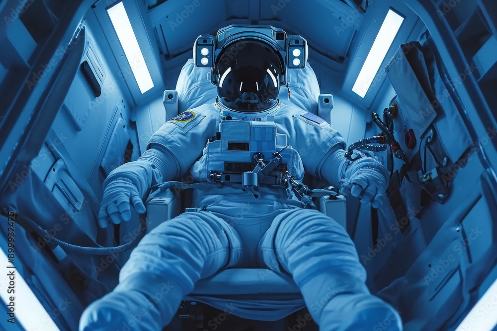 An astronaut in a space suit sits inside a space station, surrounded by ...