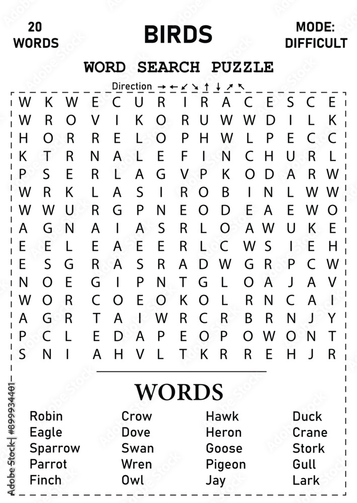 Challenging 15x15 Word Search Puzzle on Birds for All Ages Fun and ...