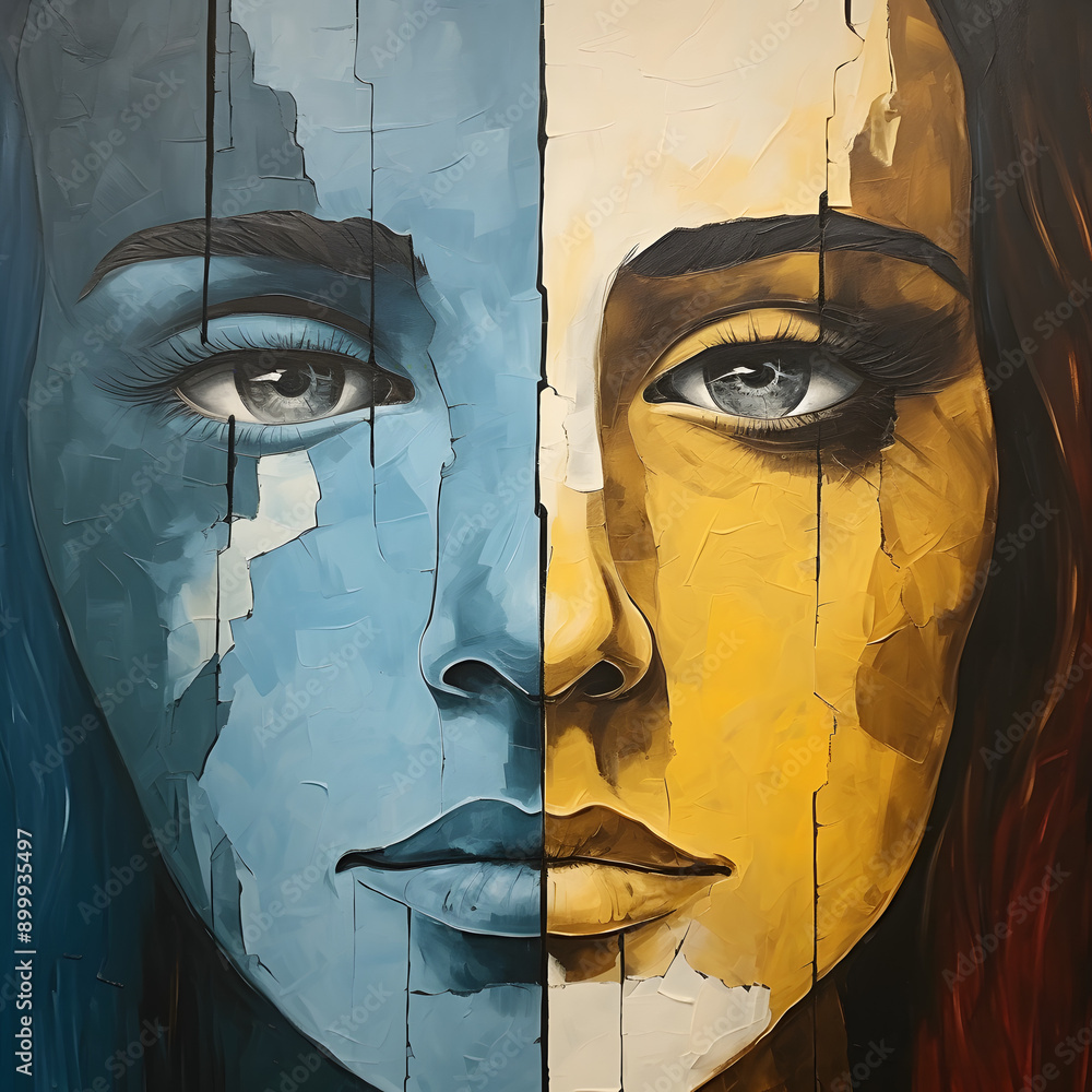 Painting of two woman face joined looking opposite represents bipolar ...