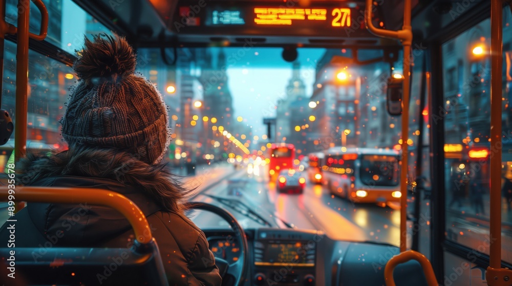 A bus driver skillfully maneuvering through city traffic, with a ...