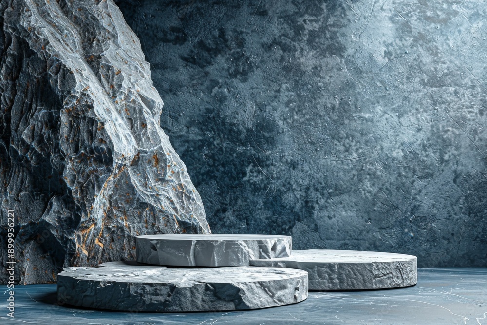 Realistic image of grey stone platforms in a mysterious rocky cave with ...