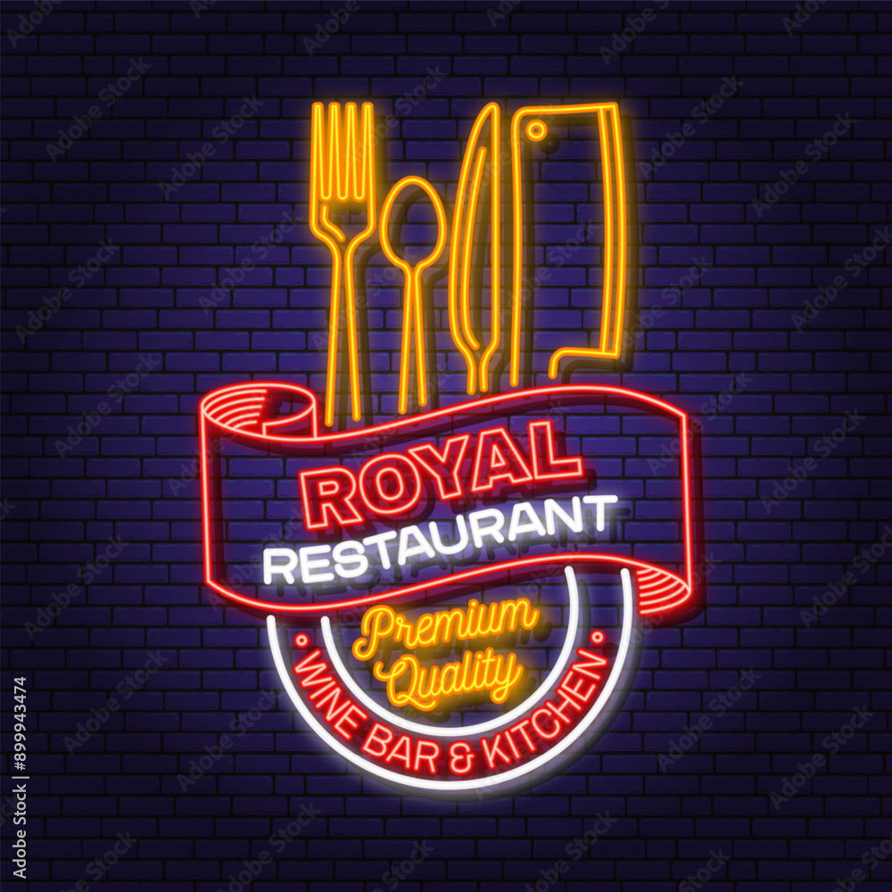 Royal Restaurant shop, menu logo. Vector. Neon glowing sign with crown ...