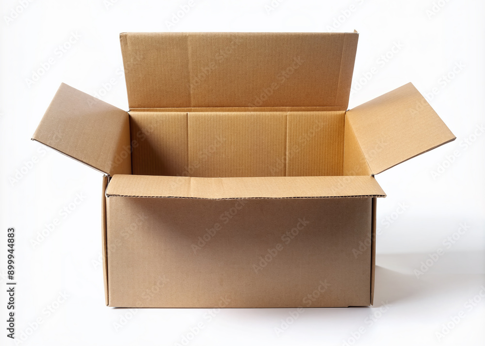 Empty open cardboard box with flaps folded back on a pristine white ...