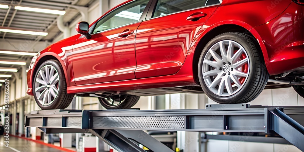 Detailed view of wheel alignment process Side view of red car on lift ...