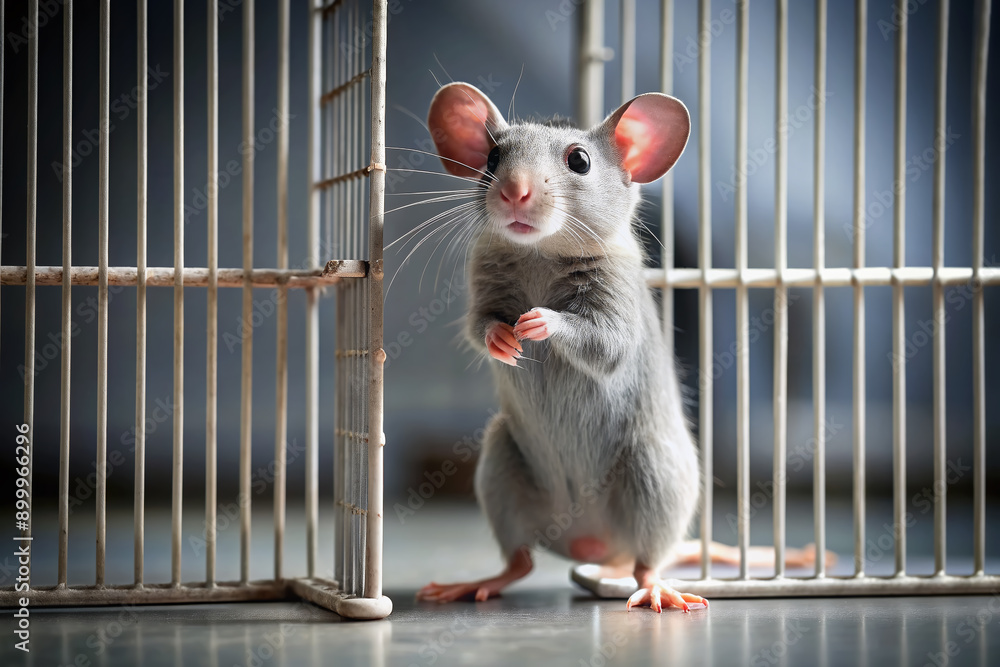 A lone gray mouse rat stands on hind legs, grasping iron bars of a cage ...