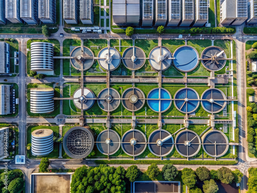 Aerial view of a modern city sewage treatment plant showcasing complex ...
