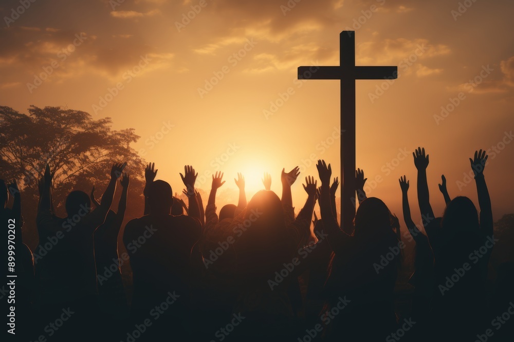 Christian worshipers with hands raised in reverence in front of the ...
