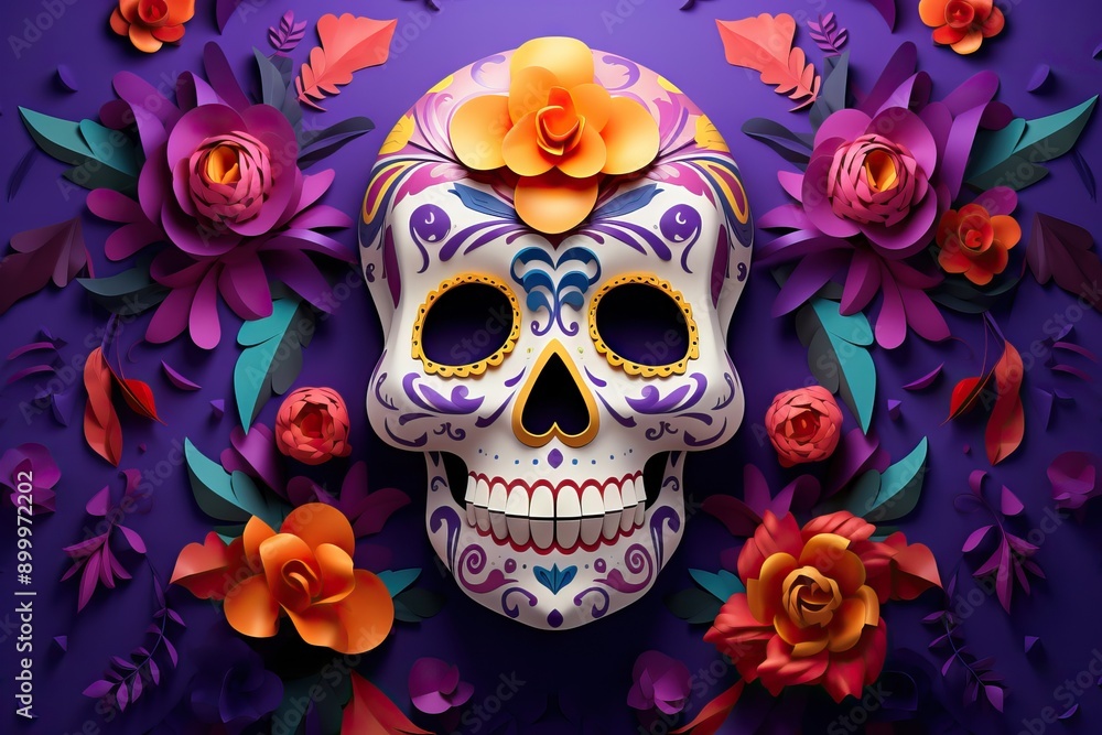 Mexican colorful sugar skull with floral makeup. Traditional calaca ...