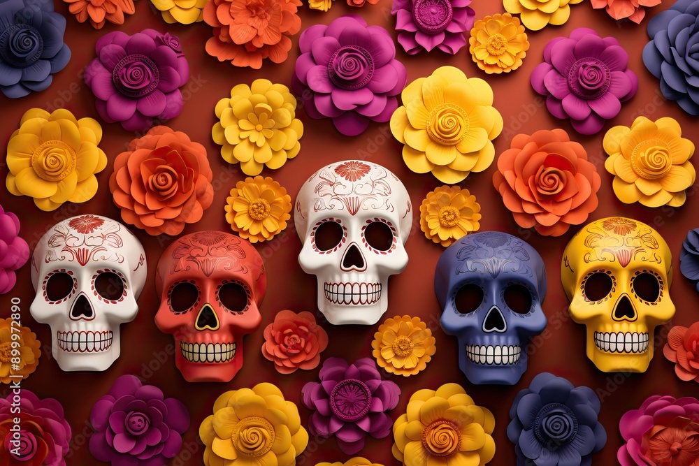 Mexican colorful sugar skull with floral makeup. Traditional calaca ...