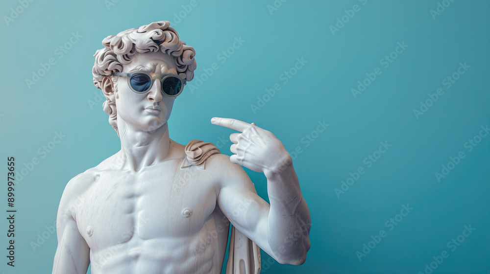 Sculpture of a Greek man in sunglasses pointing finger isolated on ...
