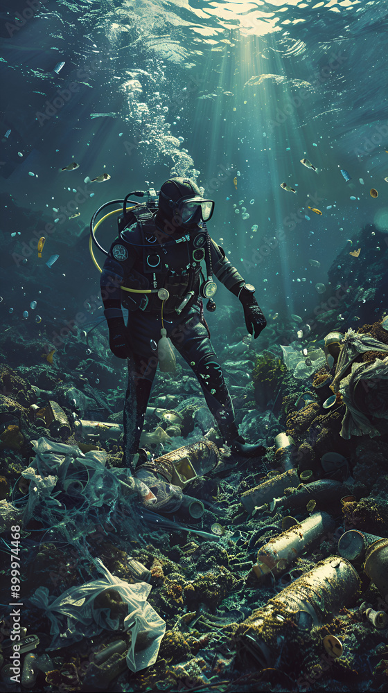 Scuba diver surrounded by garbage, trash and plastic, in the ocean ...