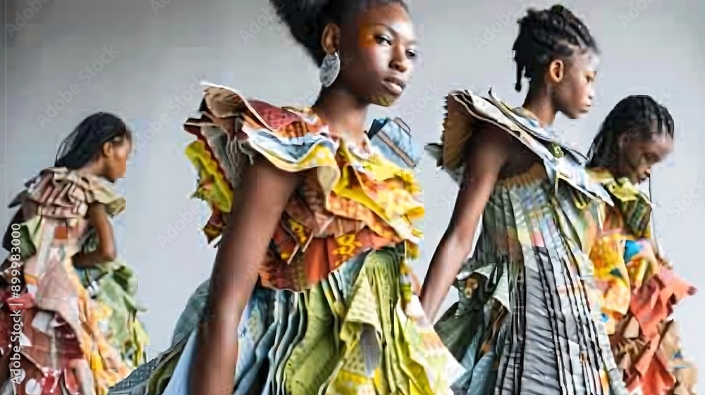 Four young women of color model colorful, layered dresses in an ...