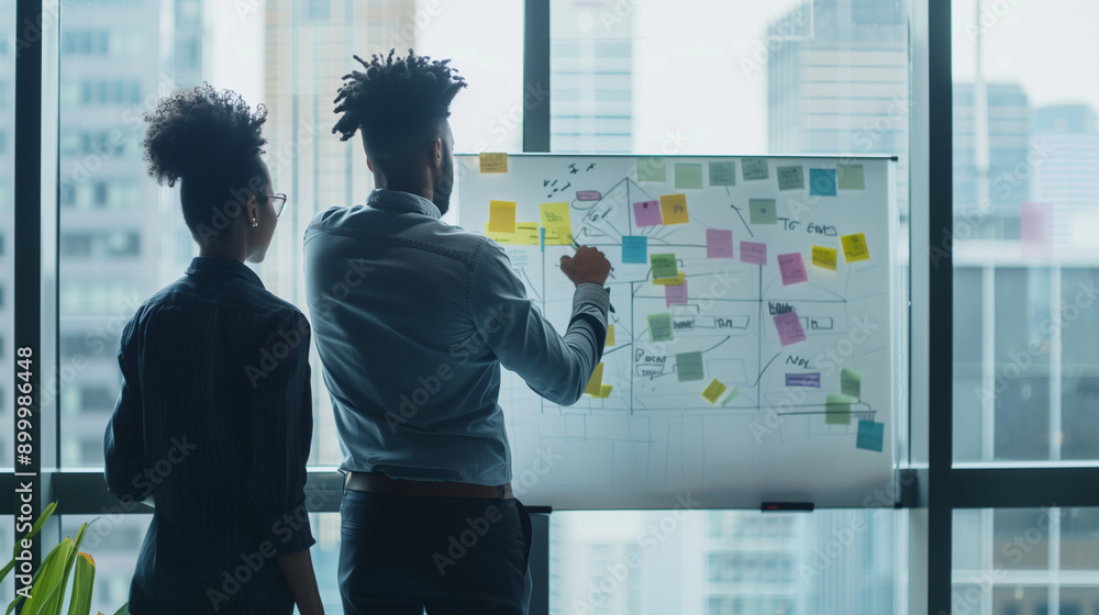 Project managers reviewing timelines and milestones on a large ...