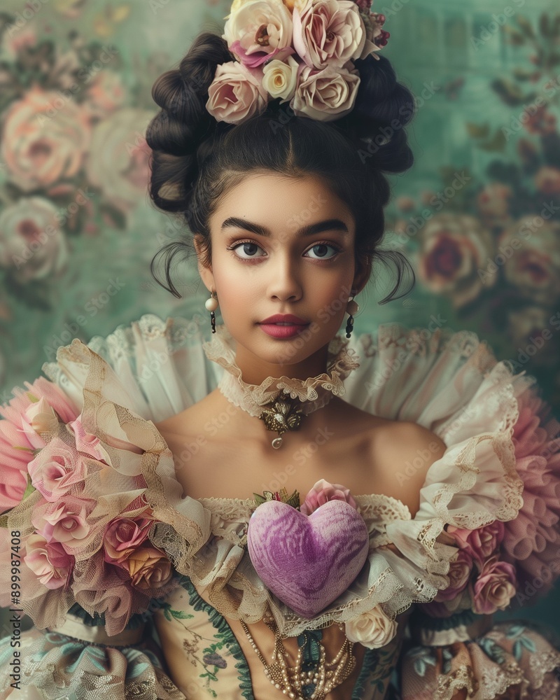 Old fashioned Renaissance portrait of a beautiful woman in a pompous ...