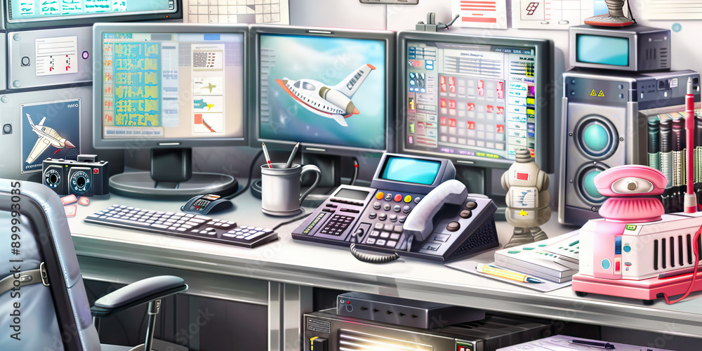 Air Force Command Center: A modern desk with multiple monitors, a phone ...