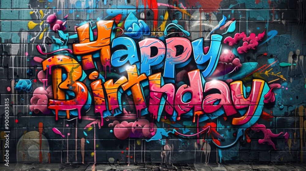 Graffiti art on a wall with a vibrant 'Happy Birthday' message ...