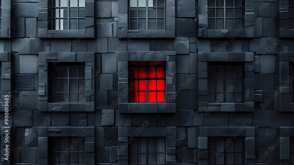 Facade of a dark grey building with uniform square windows. One window ...