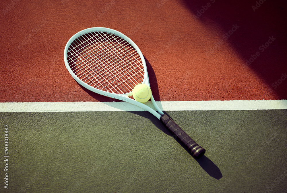 Racket, tennis and balls on court above outdoor for game, competition ...