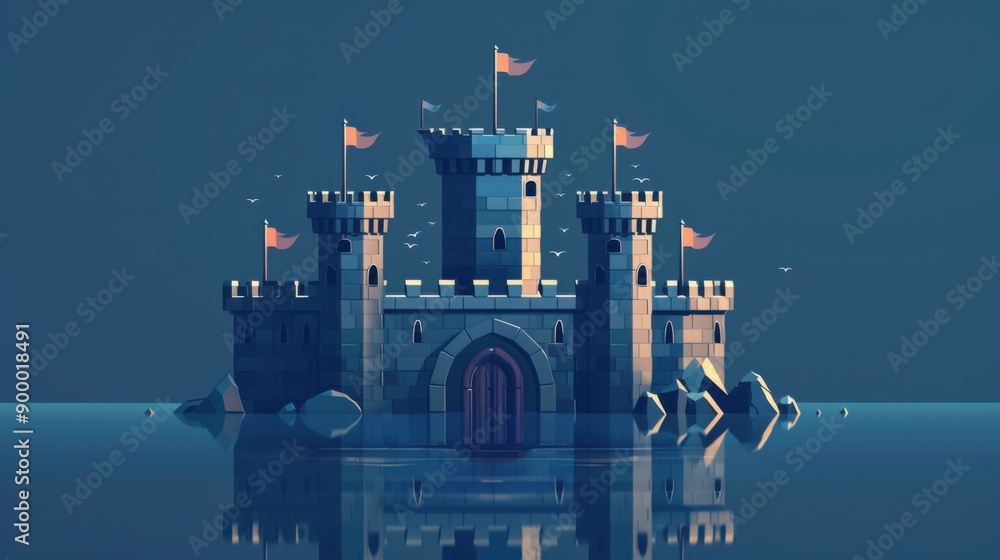 Majestic 3D Flat Design of Medieval Castle with Flags and Towers in a ...