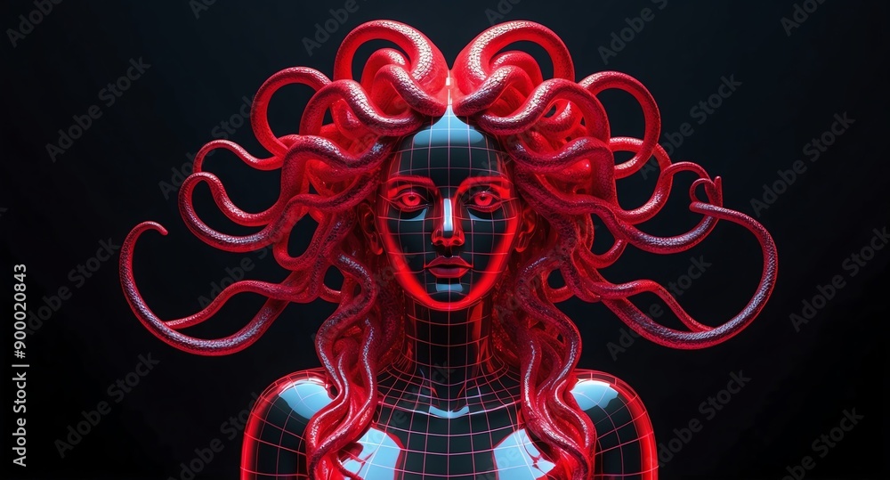 red theme medusa statue grid lines hologram projection on plain black ...