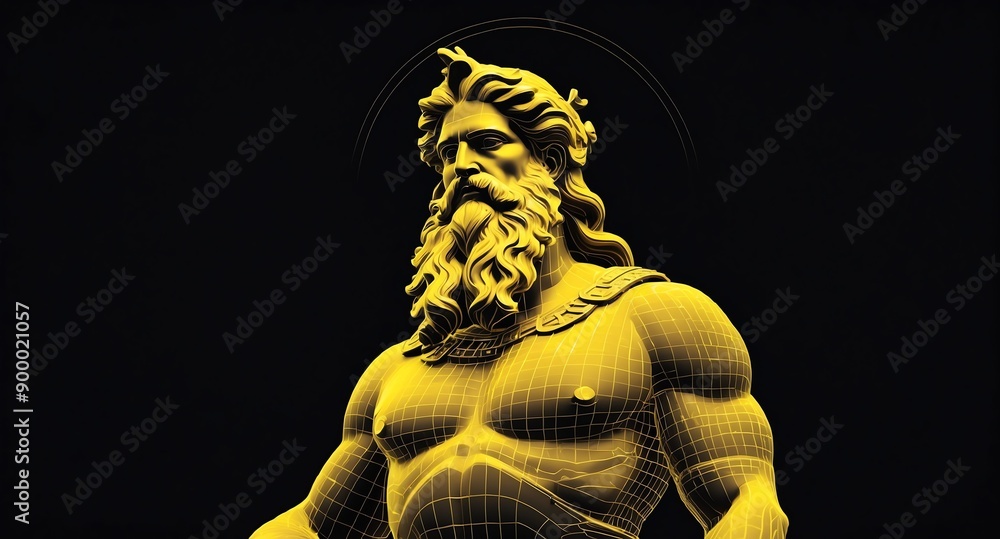 yellow theme greek god zeus statue grid lines hologram projection on ...