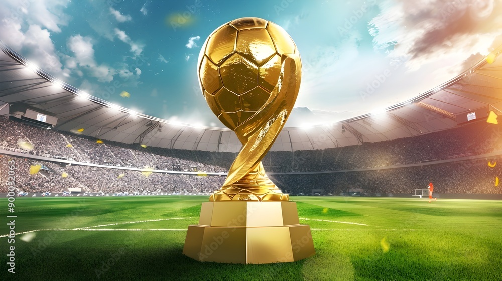 Gleaming golden football trophy displayed prominently on the field of a ...