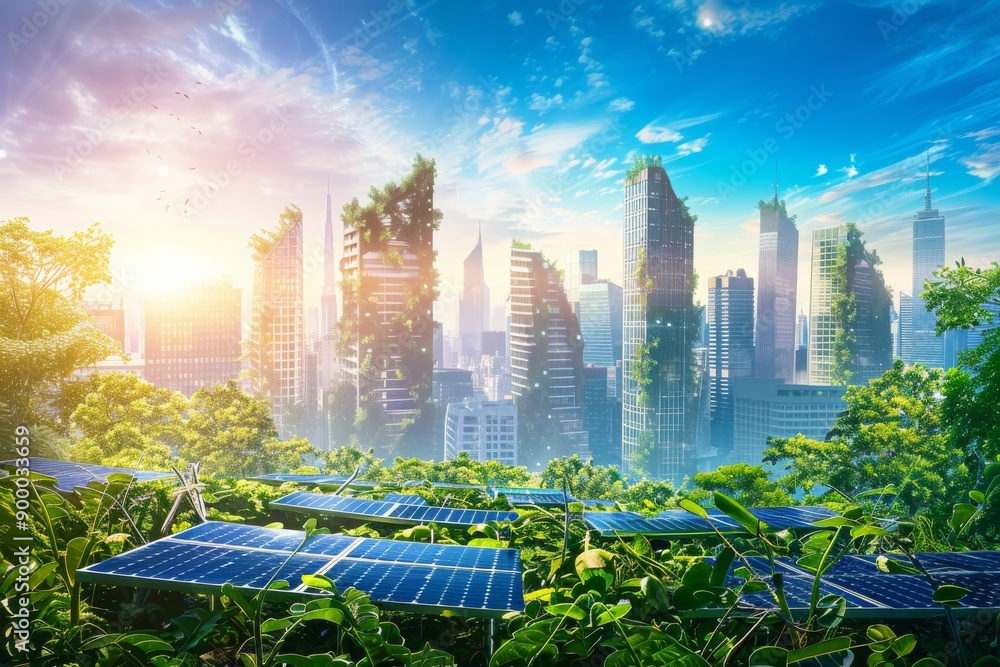 futuristic city with renewable energy and solar panels and nature ...