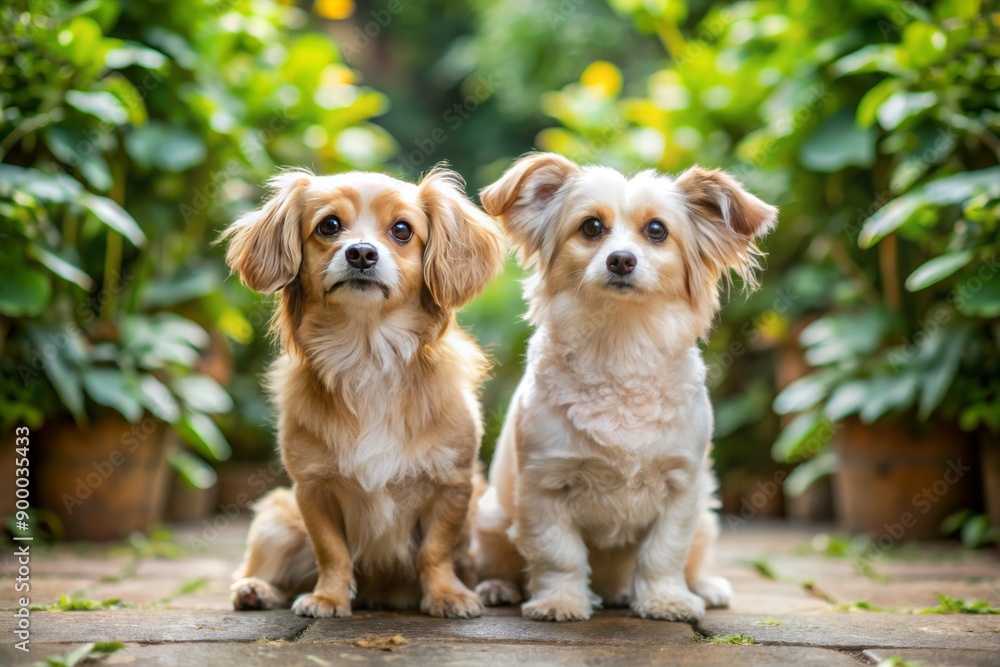 Adorable pair of small dogs with gentle eyes and floppy ears sit side ...