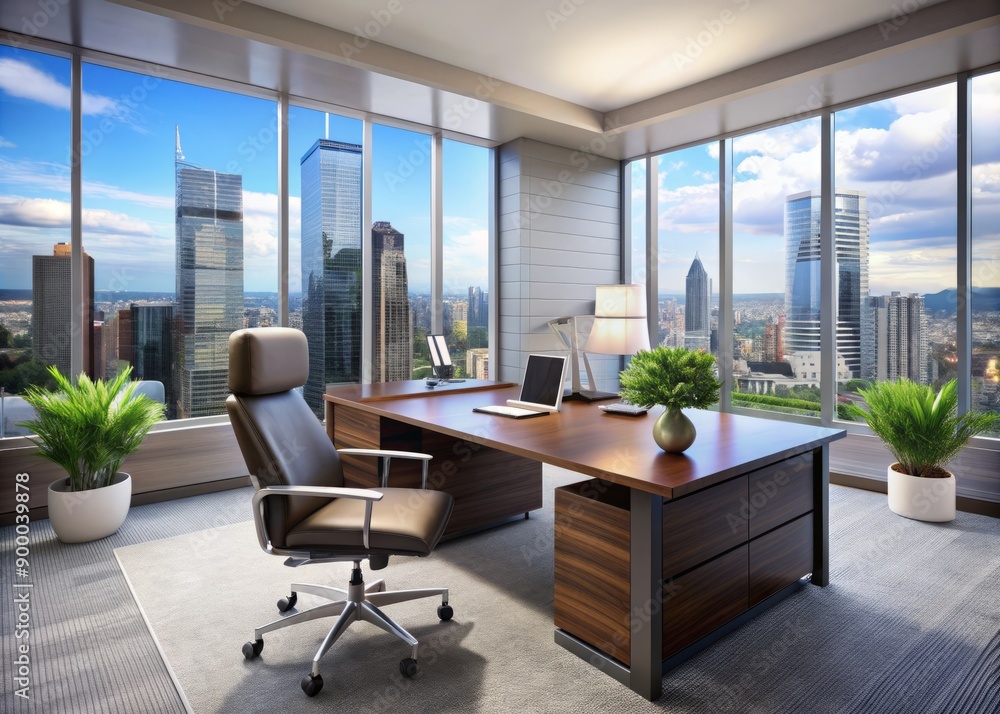 Modern office interior with sleek furniture, city view, and real estate ...