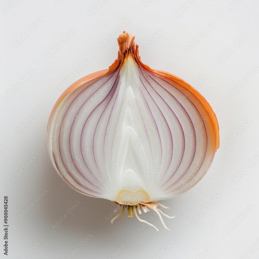 A halved onion sits on a white surface. The onion is a deep red color ...
