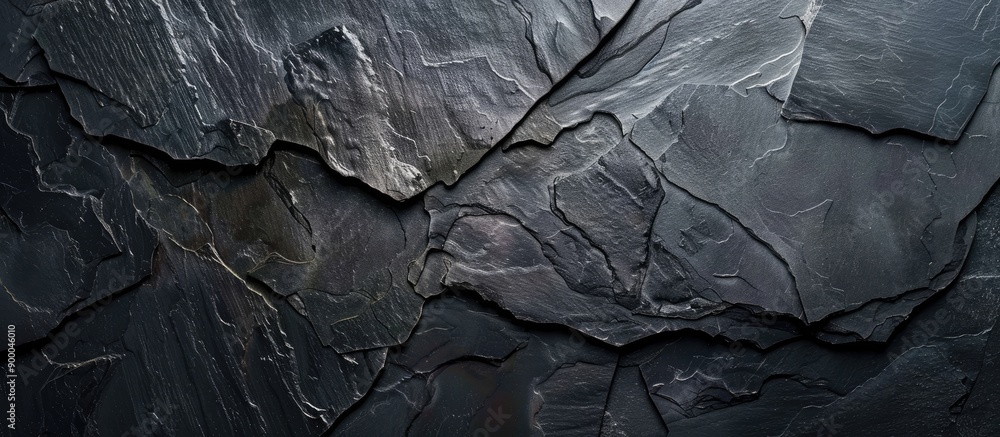 Flat lay view of a slate texture in dark grey and black shades ...