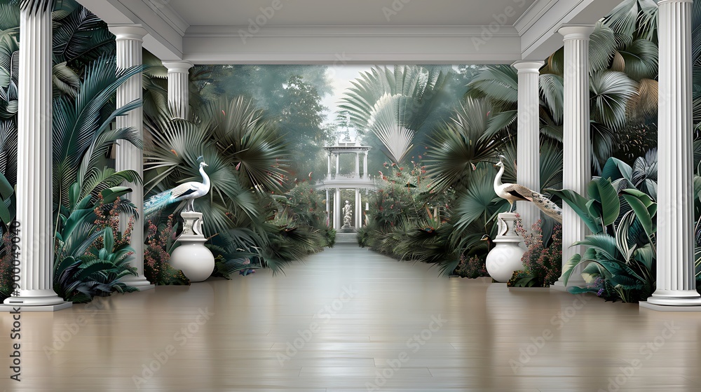 A beautiful and ornate rococo style garden with an open-air pavilion ...