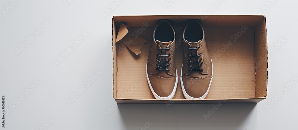 An unbranded cardboard shoe box sits partly open on a plain white ...