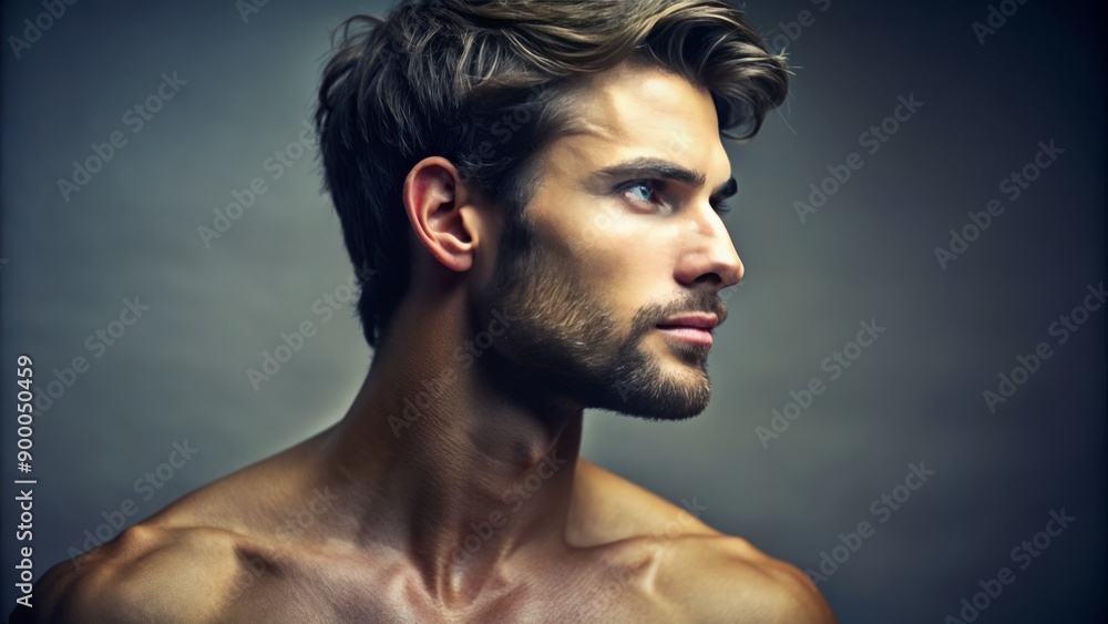 Fit young male with chiseled features and strong jawline in profile, gazing intensely into the ...