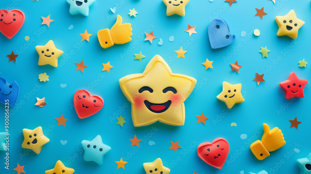 joyful smiley face emoji surrounded by stars and thumbs up Stock ...