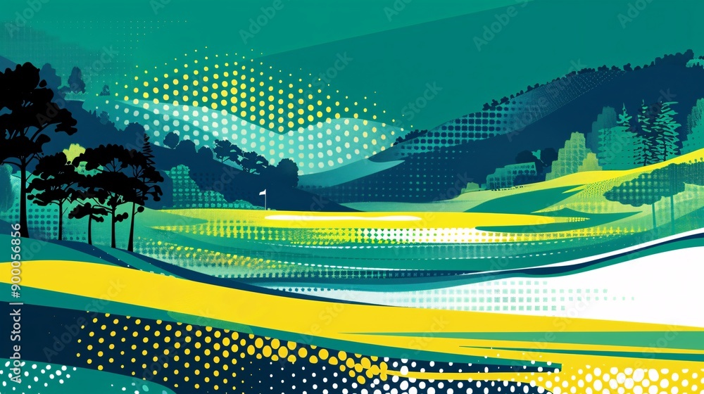 Clean golf course illustration with geometric fairway patterns and ...