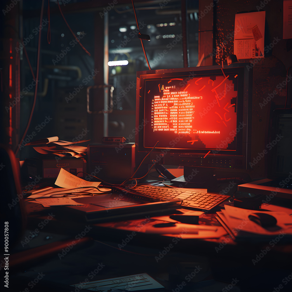Critical System Failure: Red Error Message on Computer Screen in Dimly Lit Room Signifying Chaos ...
