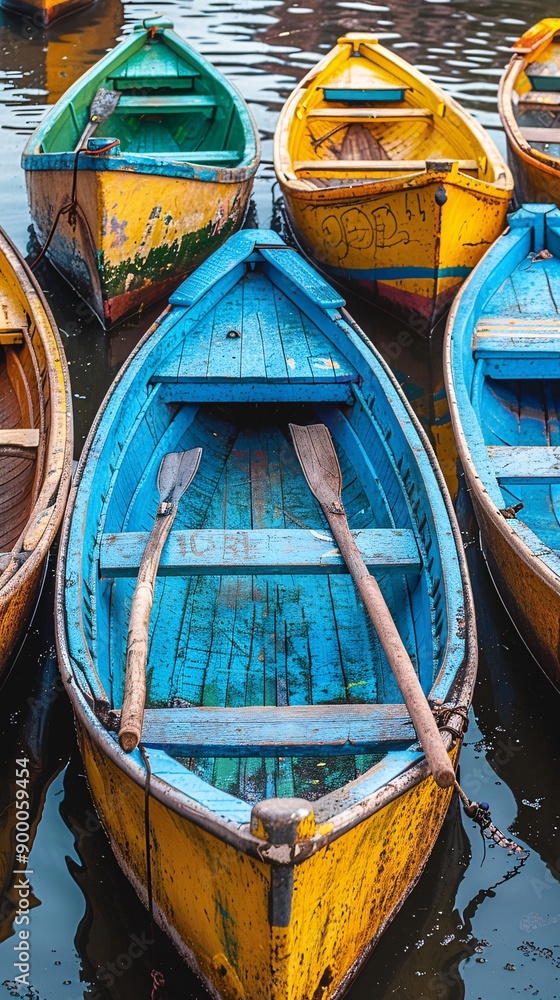 Streamlined rowing boats and oars with wave patterns in vibrant blue ...