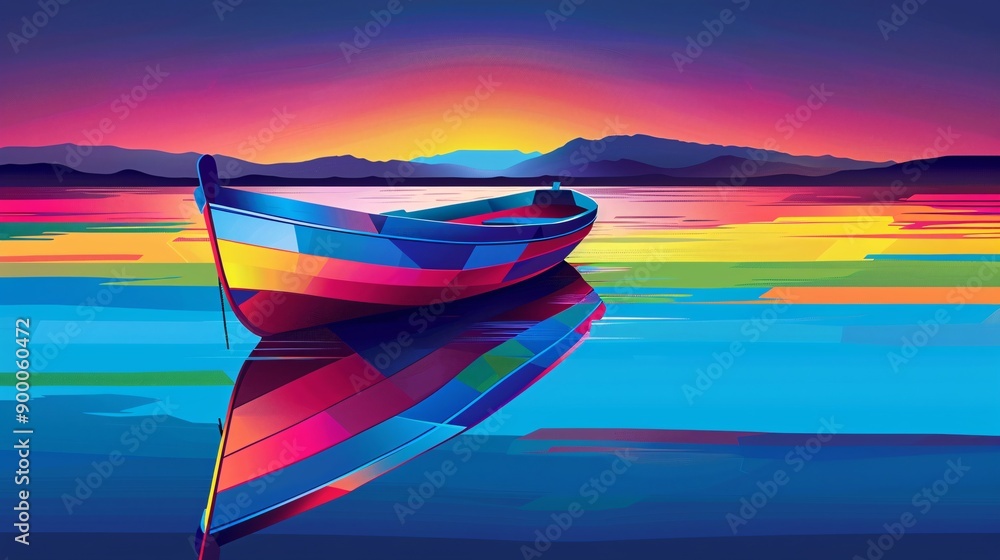 Minimalist representation of a rowing boat with sleek shapes and wave ...