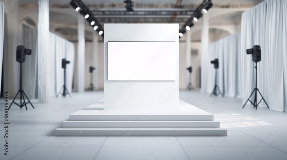Blank Canvas Runway: A pristine white catwalk stage, bathed in ...