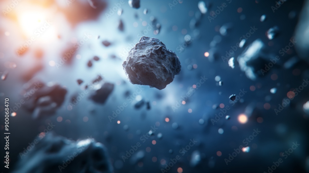 Asteroids floating through deep space with distant stars and cosmic ...