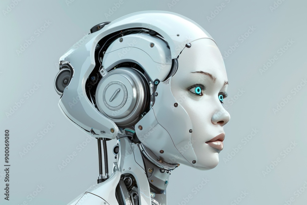 Sleek humanoid robot with expressive face white and silver design blue ...
