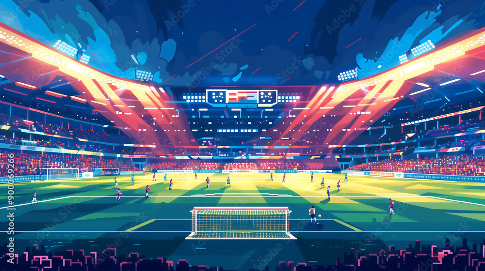 Dynamic 8-bit pixel art of a soccer match taking place in a brightly ...