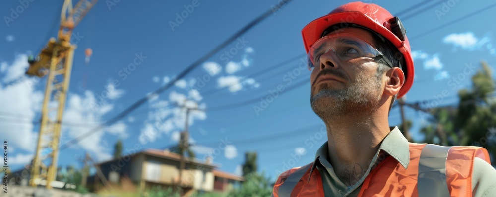 Construction Site Supervision Engineer with Safety Gear Overseeing ...