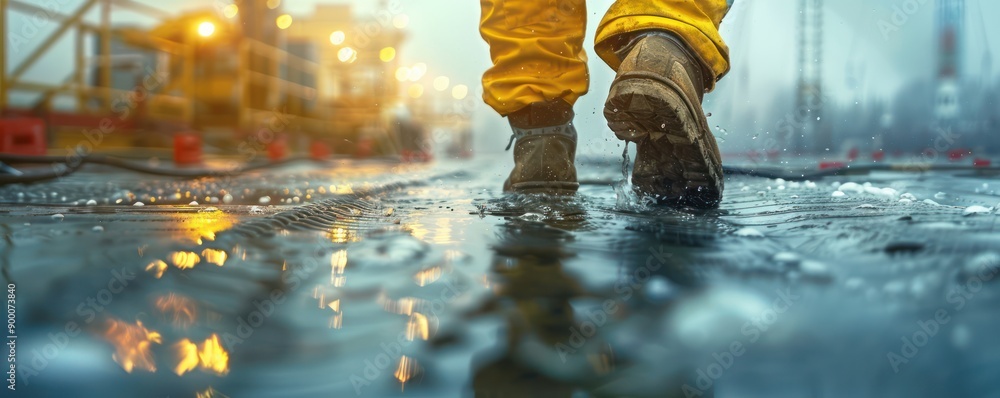 Construction Worker Walking in Rain, Safety Boots, Wet Conditions ...