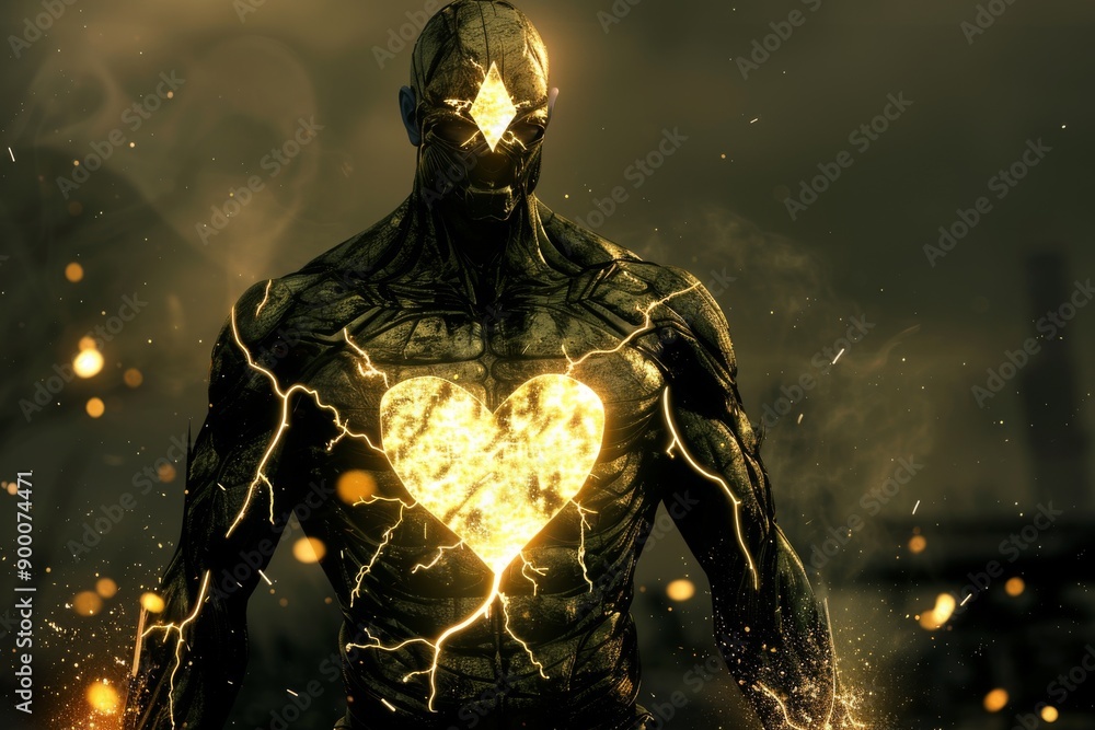 Dark powerful figure with a glowing heart symbolizing inner strength ...